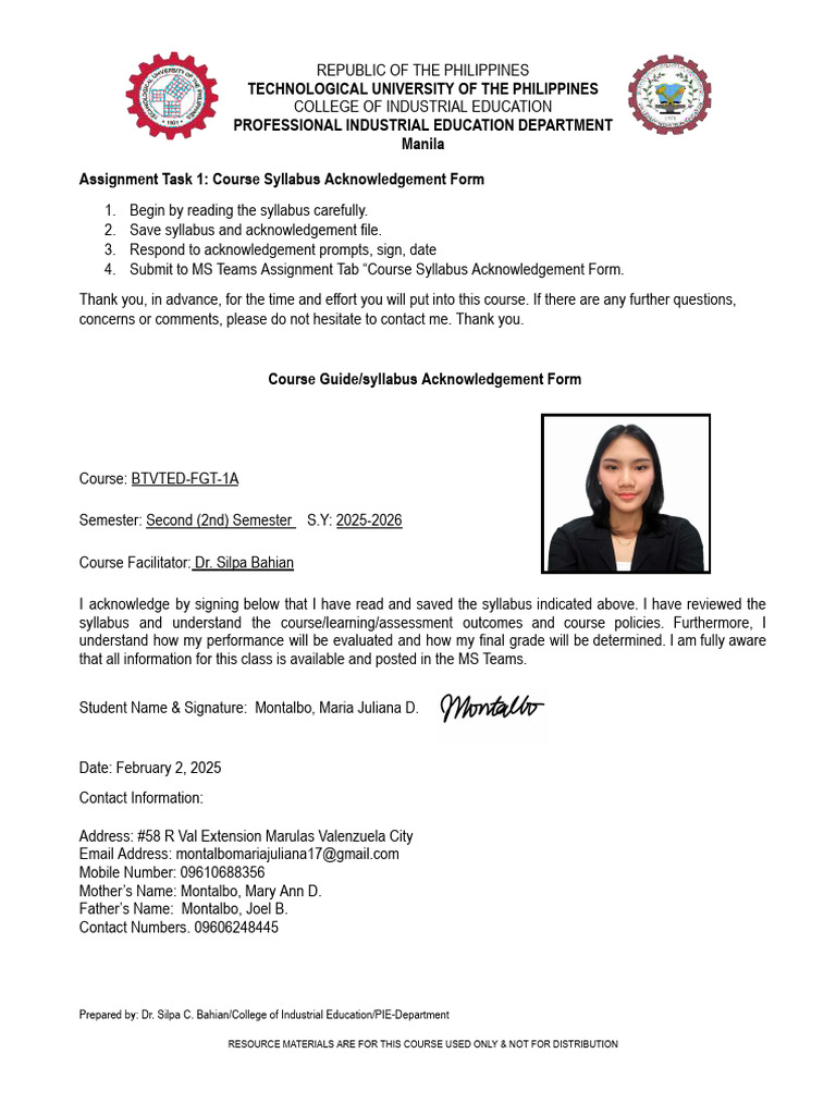 Course Syllabus Acknowledgement Form | PDF
