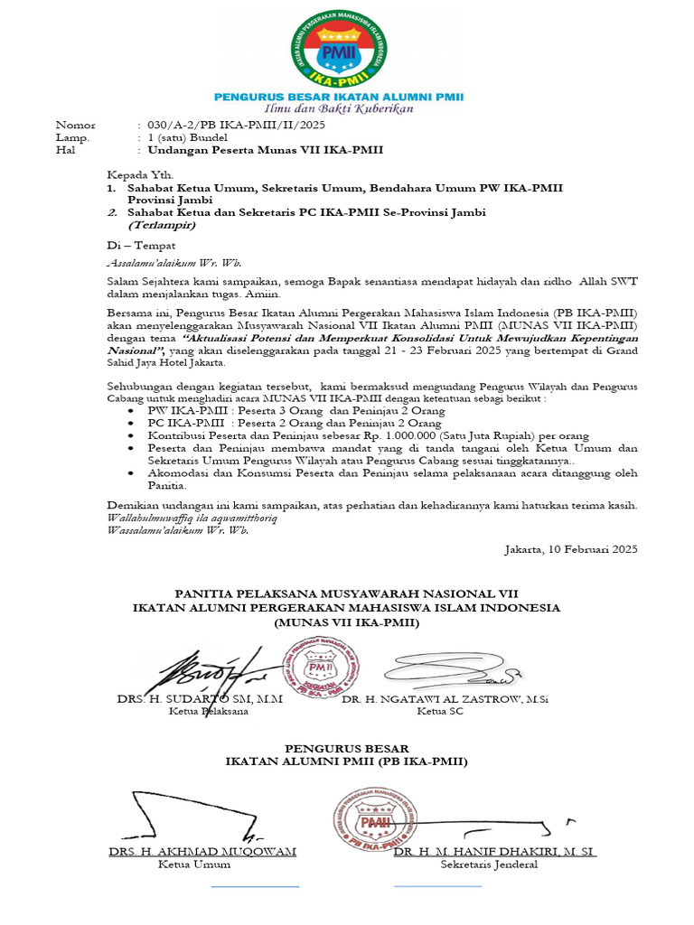 Undangan Peserta MUNAS VII IKA PMII JAMBI | PDF