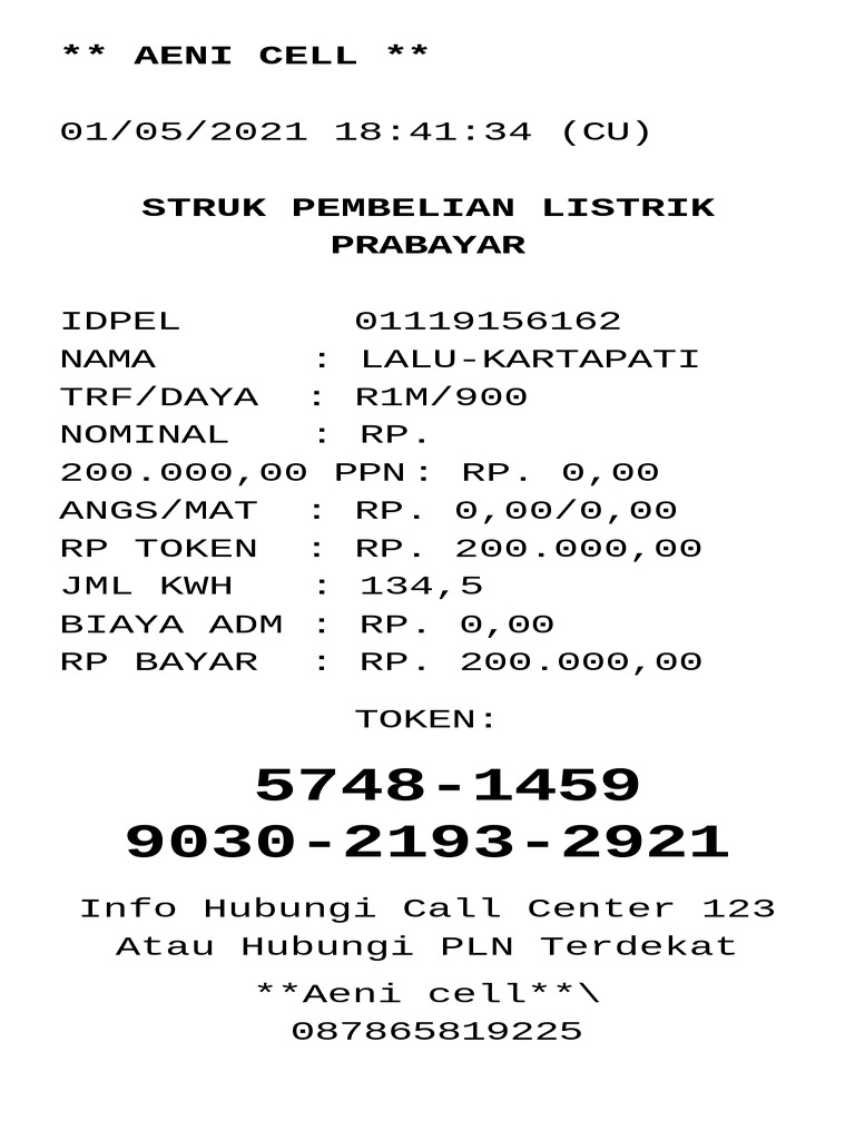 Contoh Struk Token Listrik | PDF