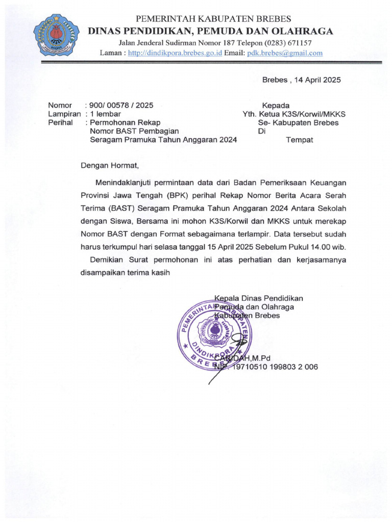 Surat Permohonan Rekap No BAST Pembagian Seragam Pramuka TA 2024 Dari ...