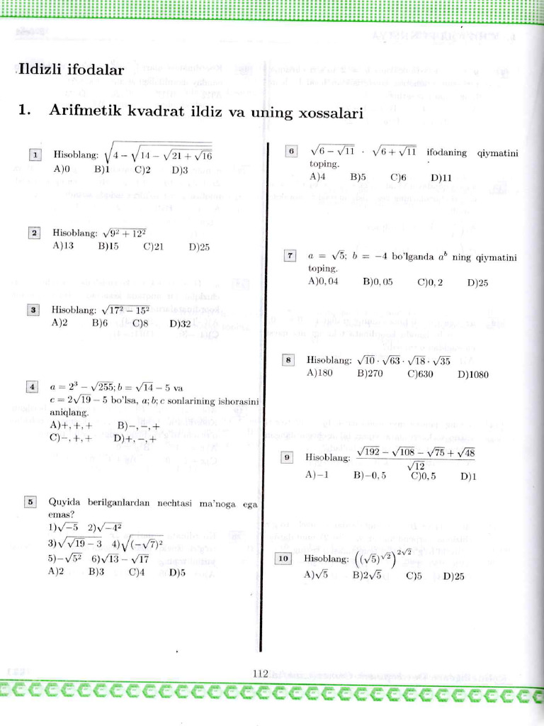 Arifmetik Kvadrat Ildiz Va Uning Xossalari Hamda Ildizli Ifodalar | PDF