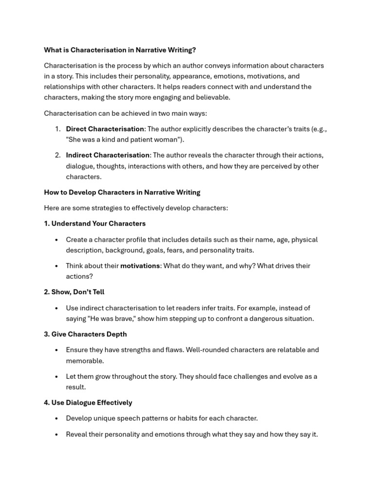 Characterisation in Narrative Writing | PDF | Narrative | Emotions