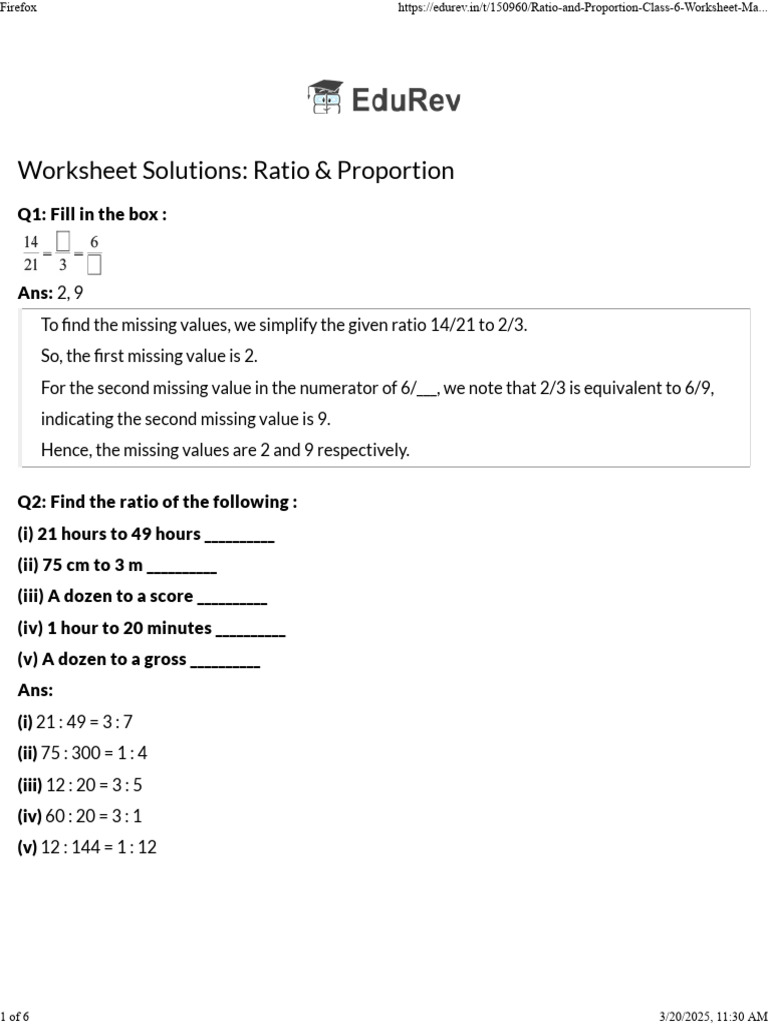Ratio and Proportion Class 6 Worksheet Maths Chapter 12 | PDF | Ratio ...