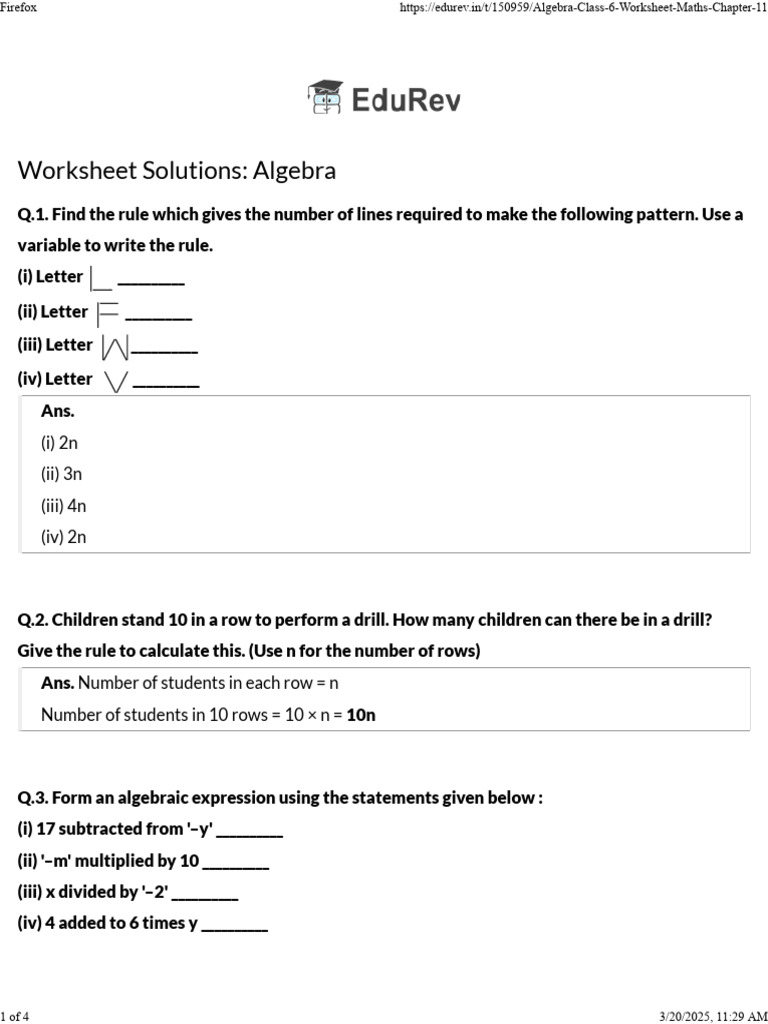 Algebra Class 6 Worksheet Maths Chapter 11 | PDF | Equations | Algebra