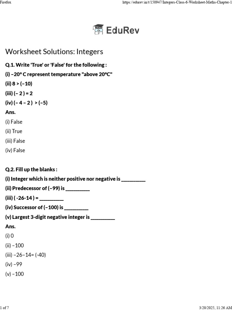 Integers Class 6 Worksheet Maths Chapter 1 | PDF | Mathematics | Arithmetic