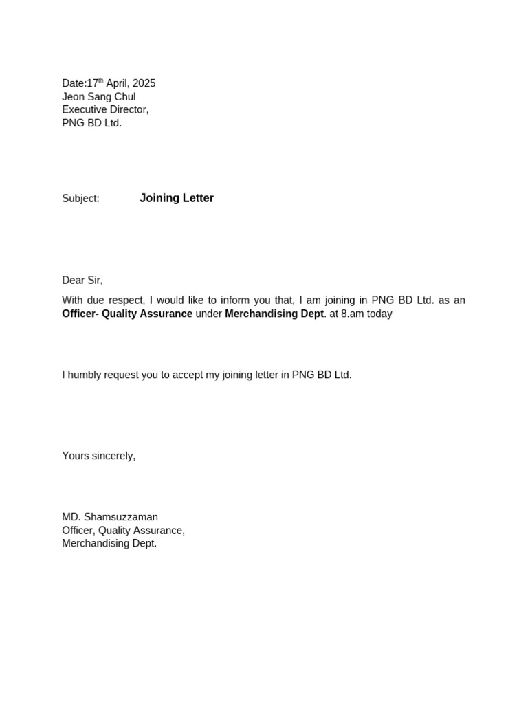 Joining Letter | PDF