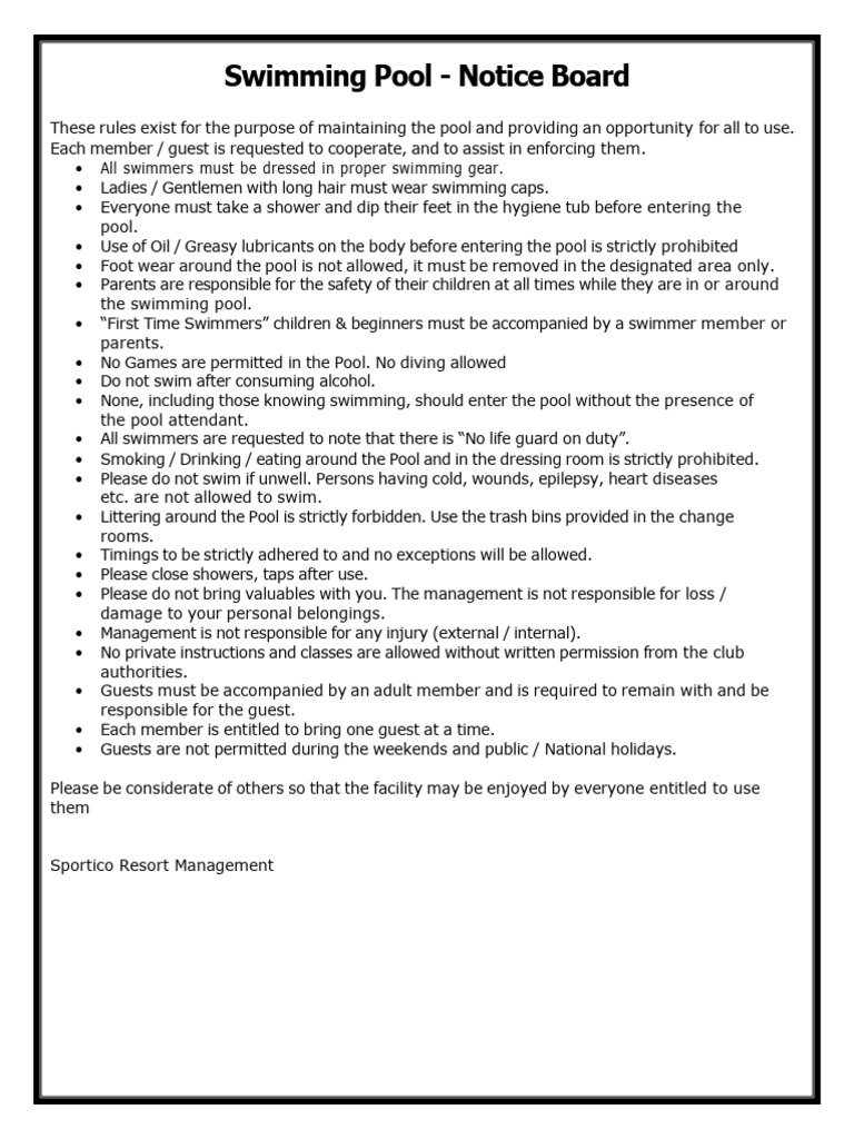 Sportico Resort Pool Rules Notice | PDF
