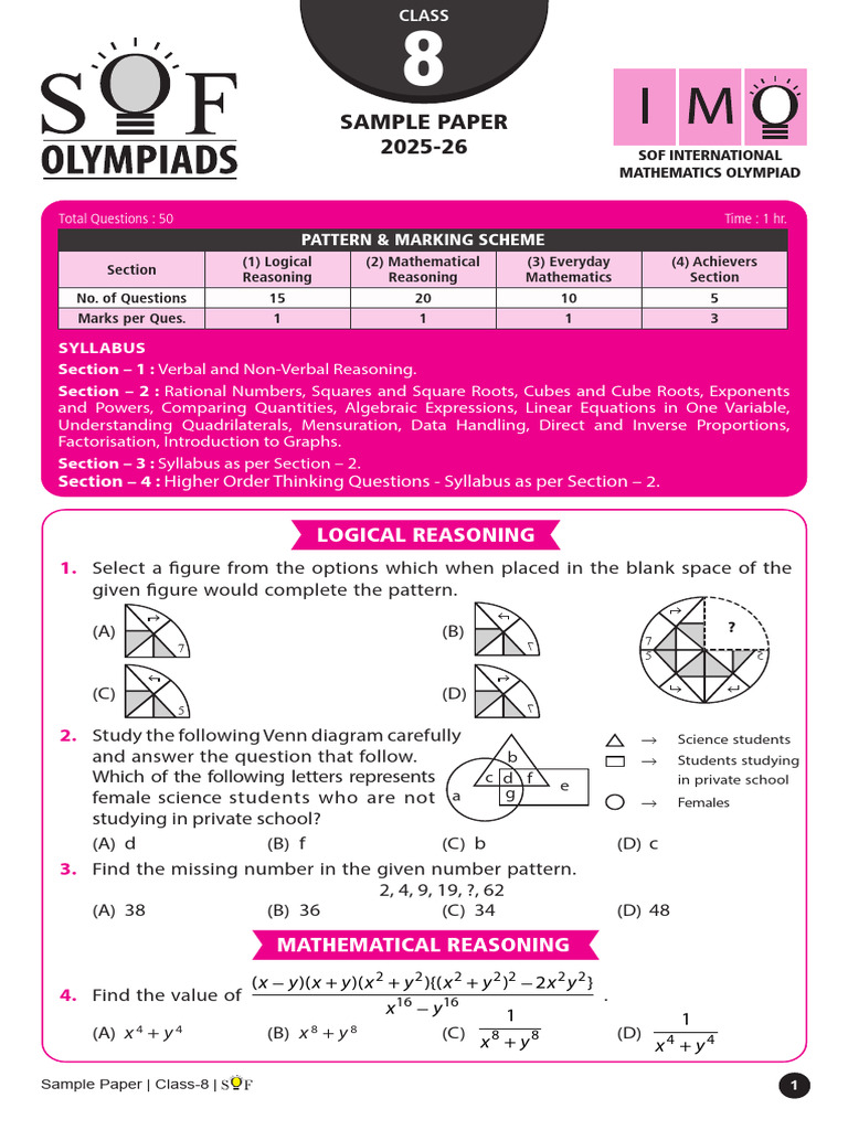Imo Sample Paper Class-8 2025-26 | PDF | Mathematics | Algebra