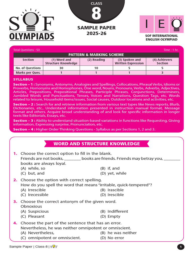 Ieo Sample Paper Class-8 2025-26 | PDF | Linguistics | Grammar