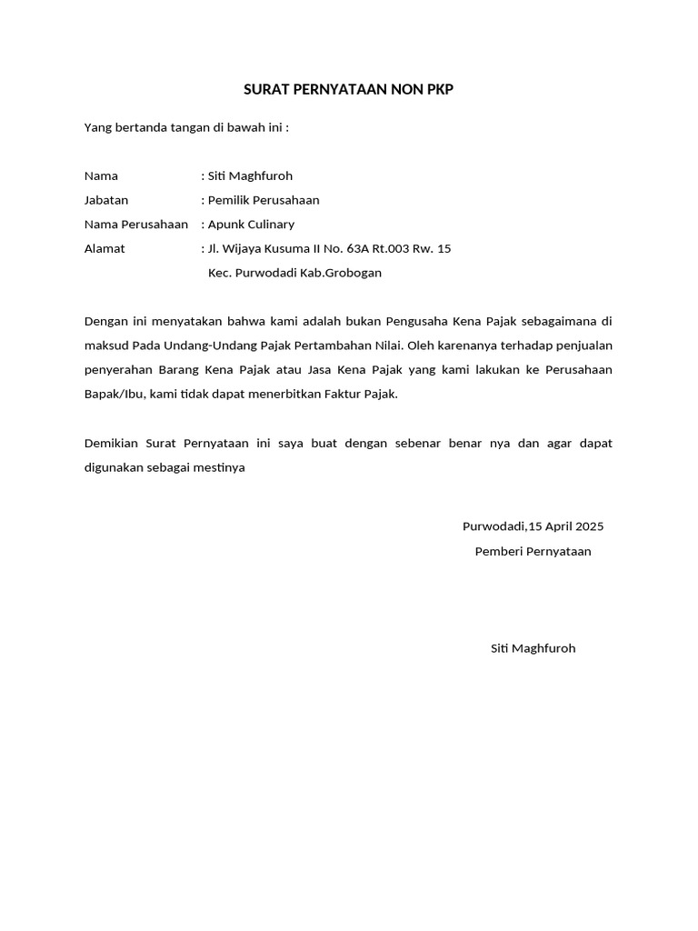 Surat Pernyataan Non Pkp | PDF