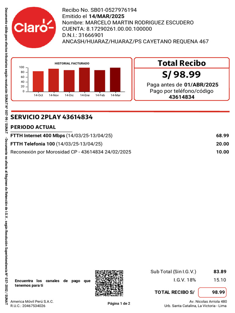 Recibo de Claro: Detalles y Pago | PDF | Telecomunicaciones