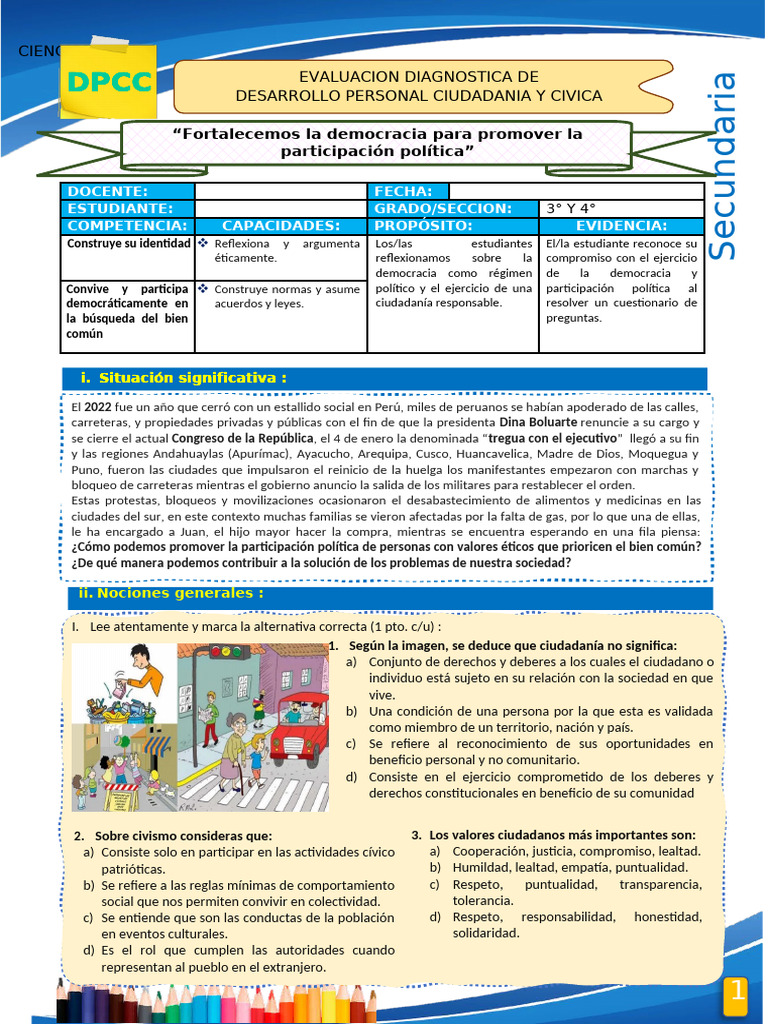 3° y 4° DPCC - EVALUACION DIAGNOSTICA Final | PDF | Democracia | Ideologías políticas