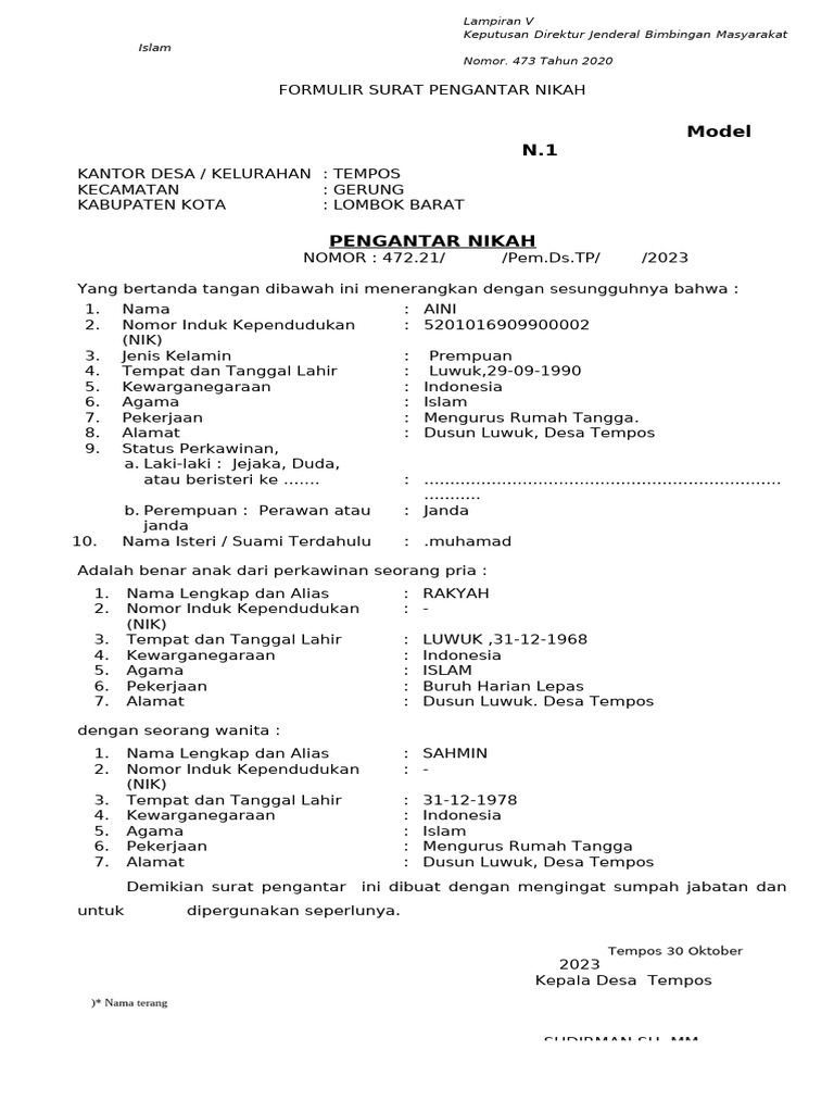 FORMULIR PENGANTAR PERKAWINAN TERBARU MODEL-N 2020 | PDF