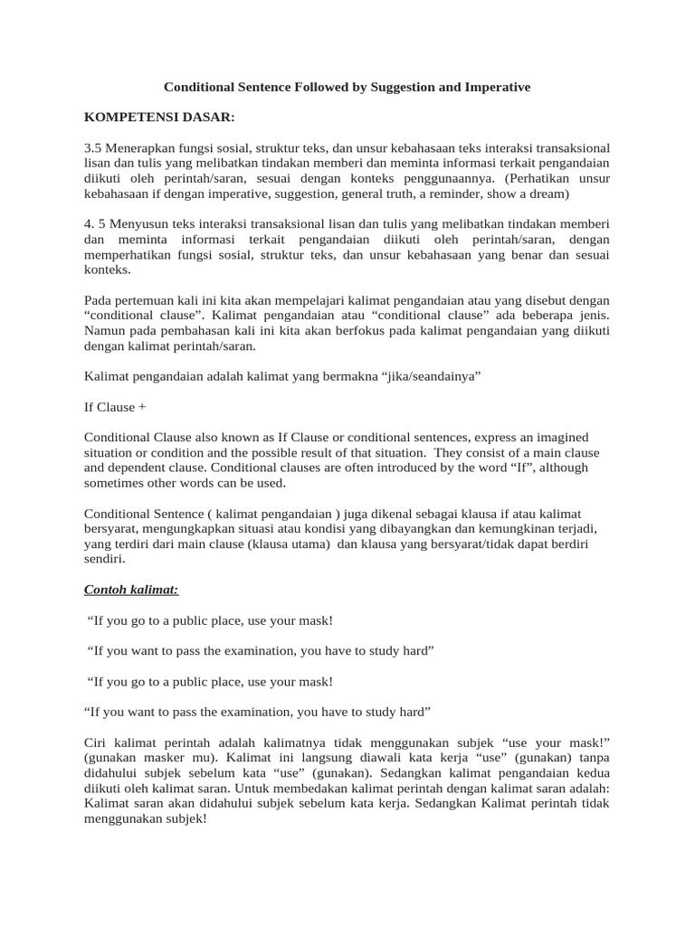 Conditional Sentence Followed by Suggestion and Imperative Kls 12 Smstr 2 Bing | PDF | Grammar ...