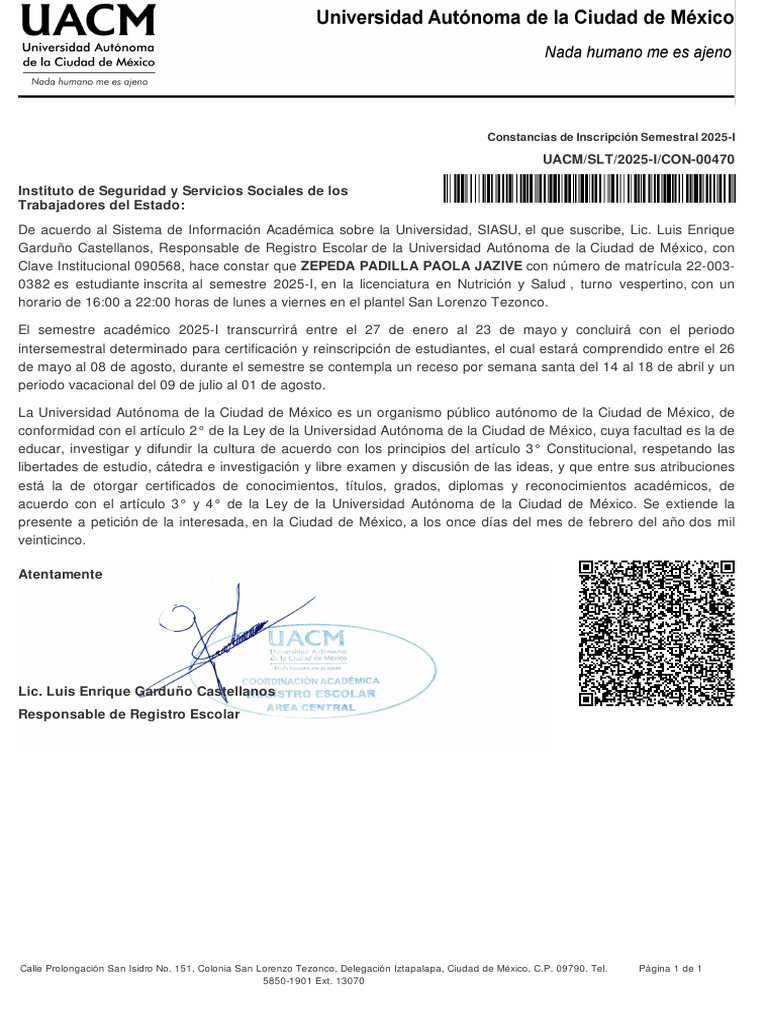 Constancia DE ESTUDIOS - UACM | PDF