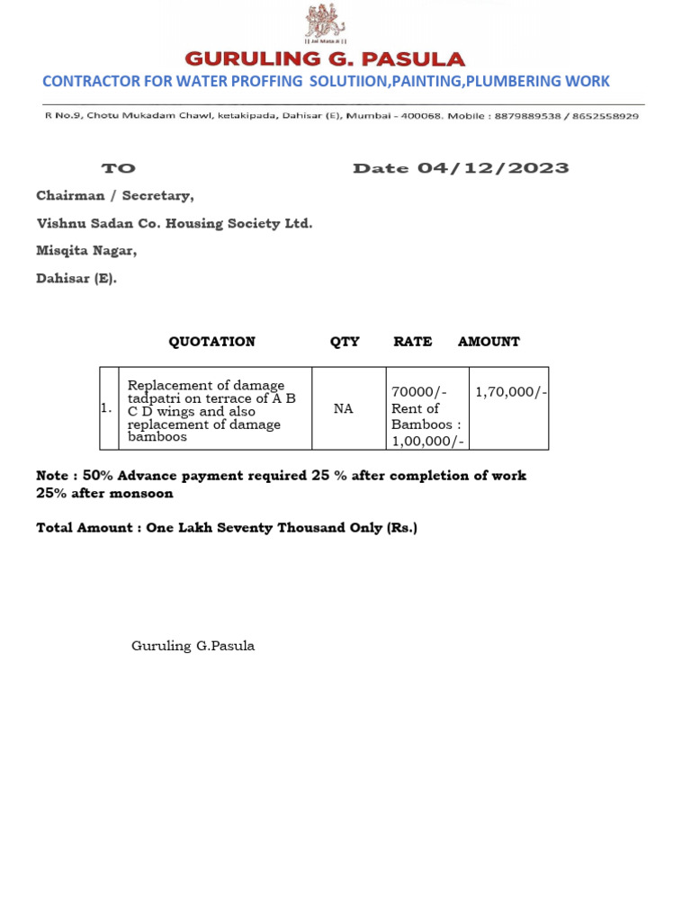 Water Proofing and Repair Quotation | PDF