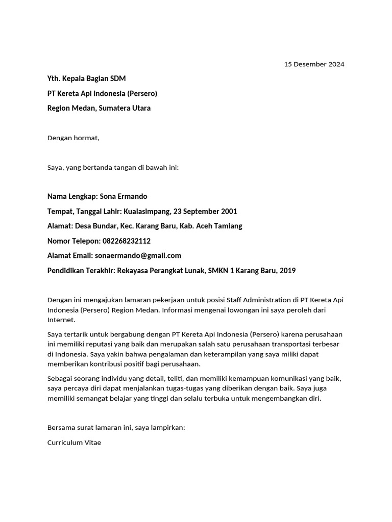 Surat Lamaran PT KAI | PDF