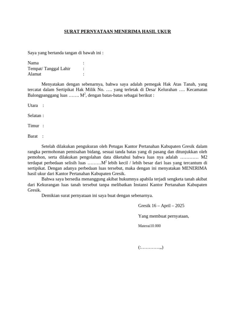 SURAT PERNYATAAN MENERIMA HASIL UKUR | PDF