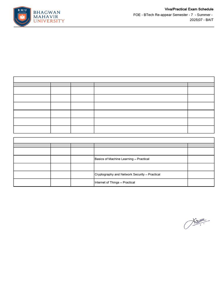 Viva Practical Exam Schedule FOE BTech Re Appear Semester 7 Summer 2025 07 BAIT | PDF | Computing