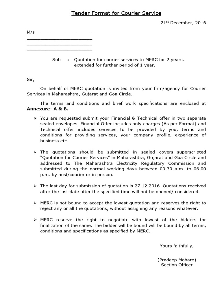 Tender Format For Courier Services 21122016 | PDF