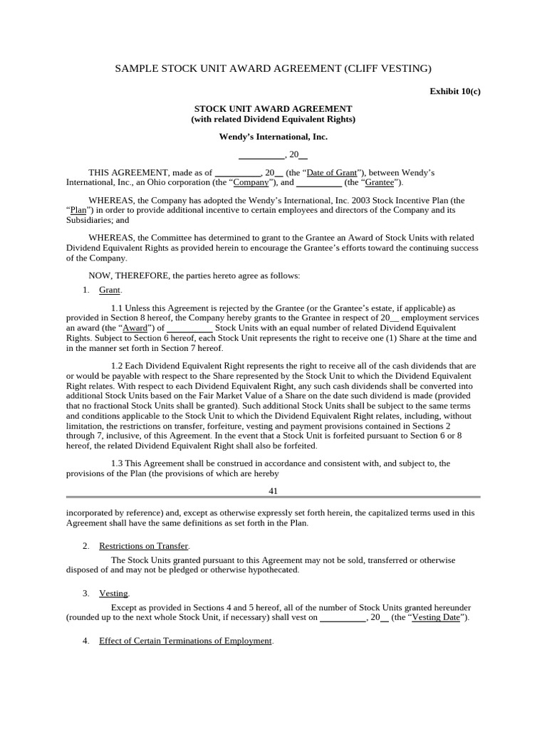 Wendy's Stock Unit Award Agreement | PDF | Vesting | Stocks