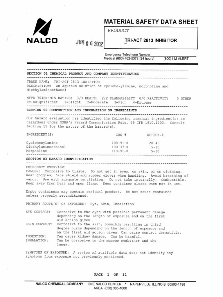 Tri-Act 2813 Inhibitor Nalco Chemical Company 8.6.98 | PDF