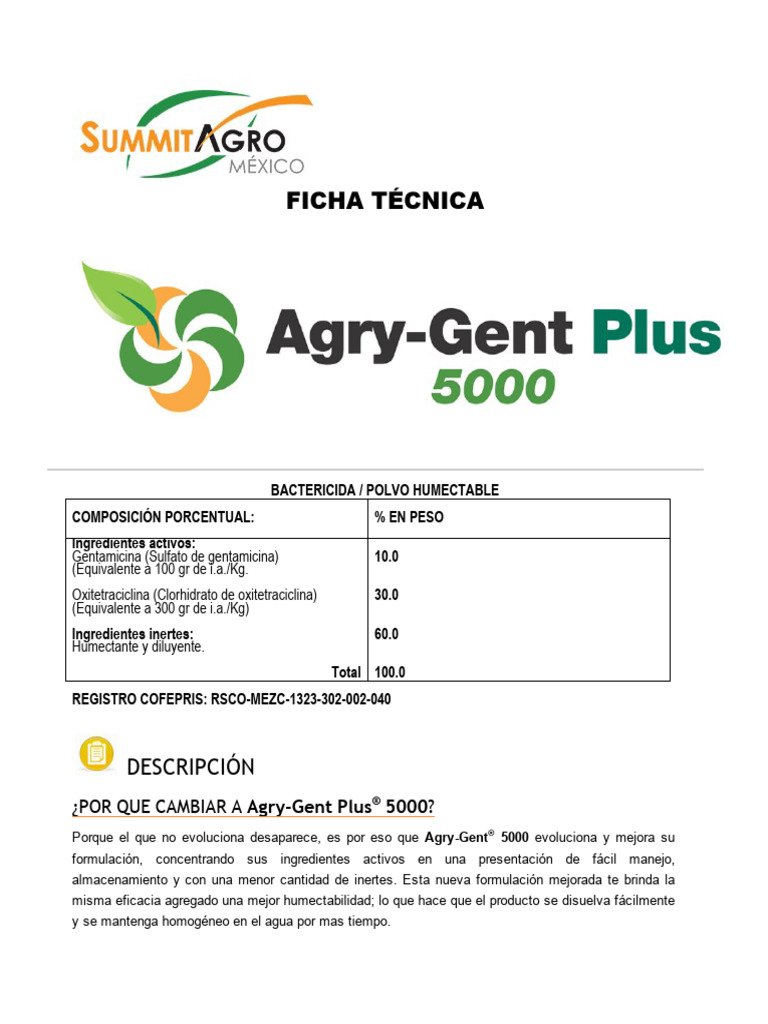 Agry-Gent Plus® 5000: Bactericida Eficaz | PDF | Las bacterias | Agua