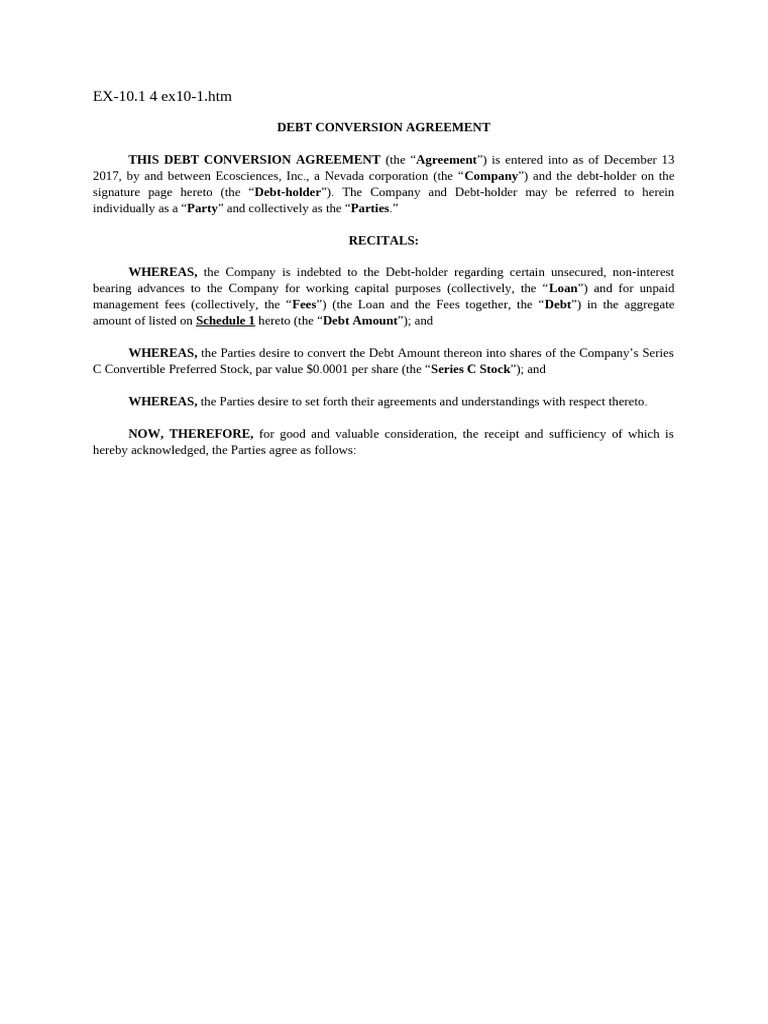 Sample Debt Conversion Agreement | PDF | Securities (Finance) | Securities Act Of 1933