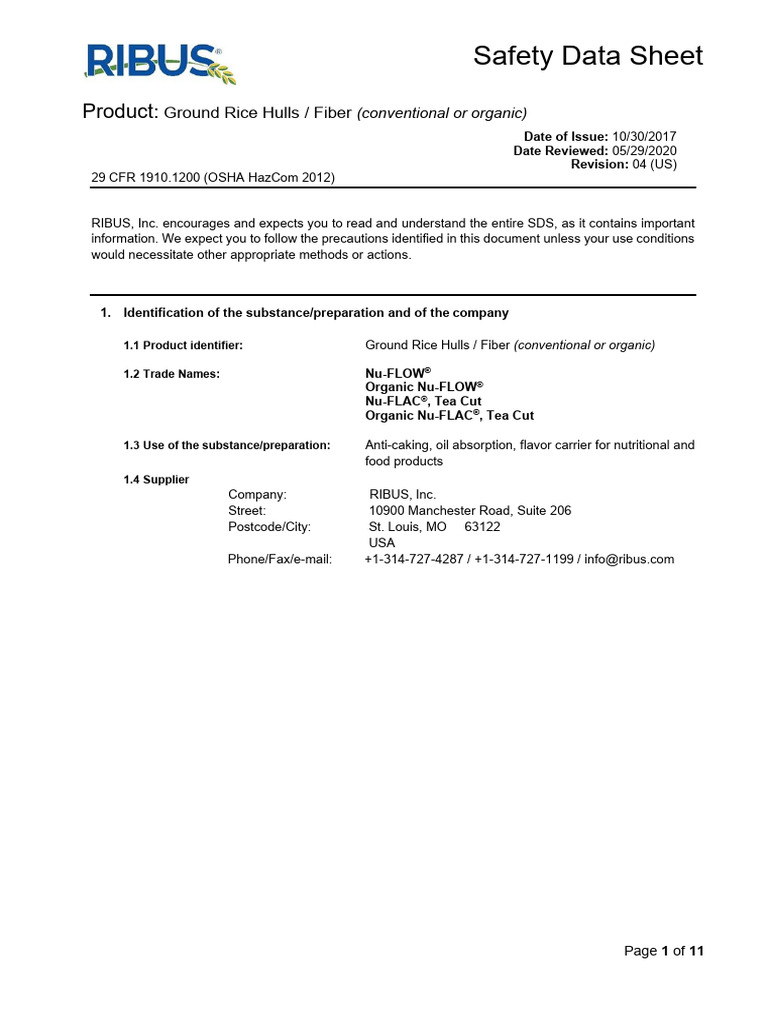 MSDS - Ground Rice Hulls Fiber | PDF | Personal Protective Equipment ...