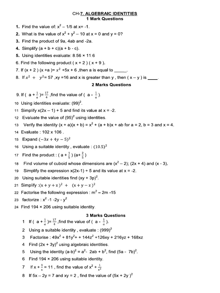 Algebraic Expression and Identities 4 | PDF