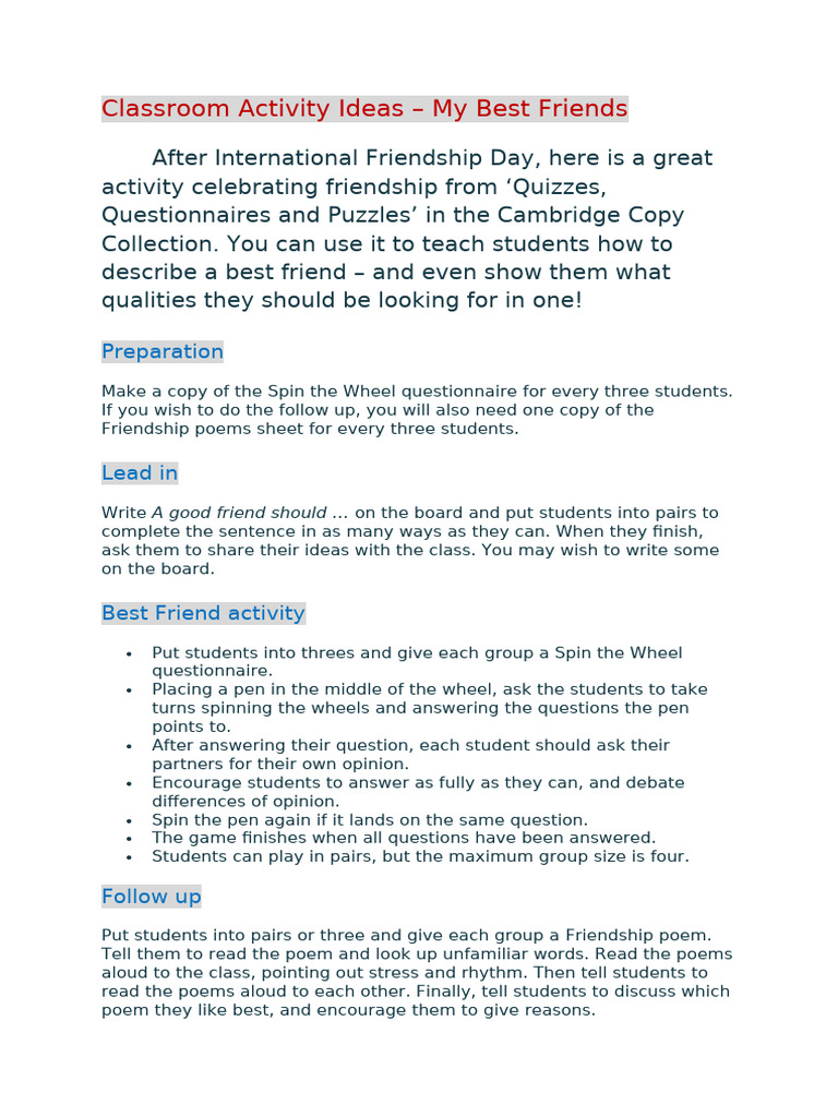 Classroom Activity Ideas - Part A | PDF