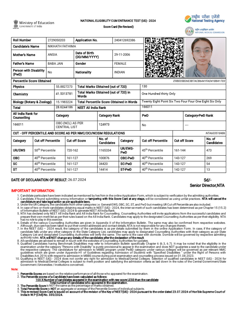 NEET 2024 Score Card Summary | PDF | Student Assessment And Evaluation ...