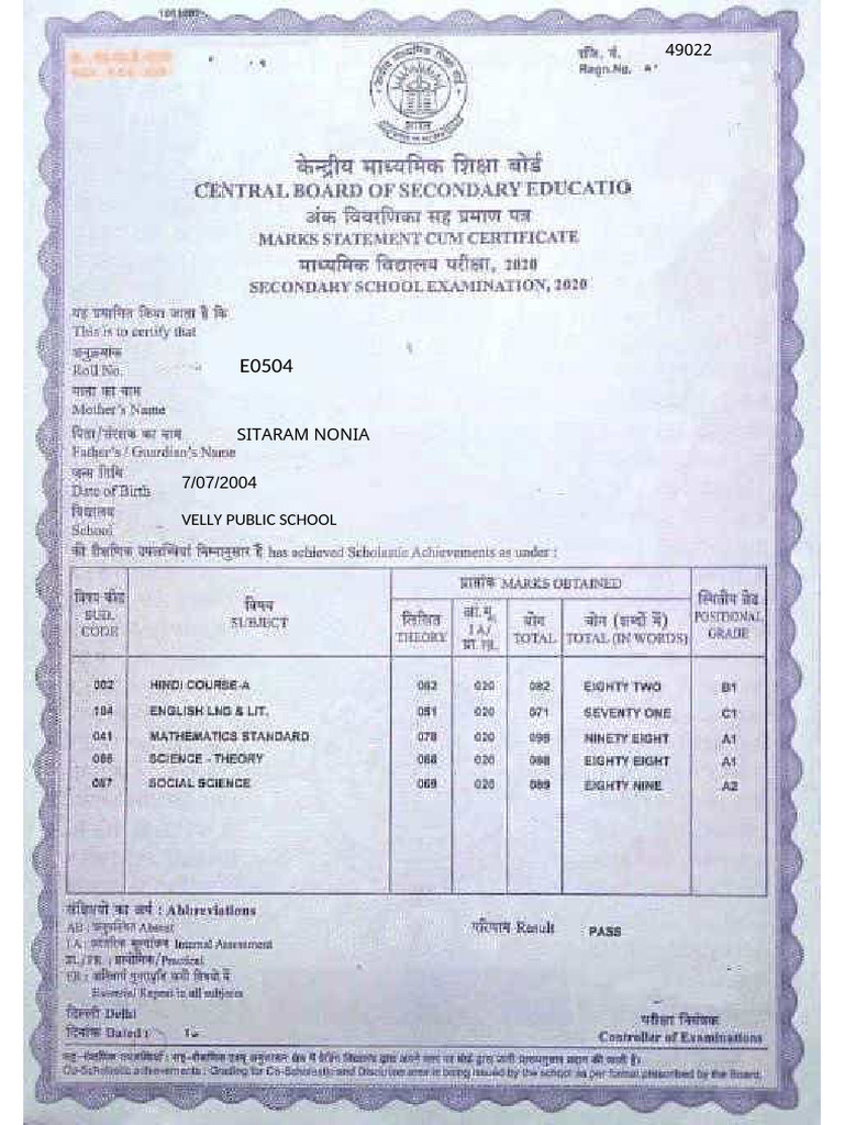 12 TH Marksheet CBSC | PDF