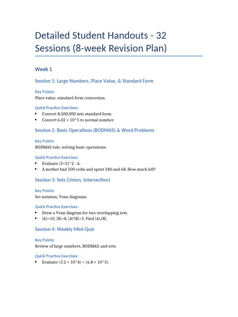 Detailed Student Handouts 32 Sessions | PDF