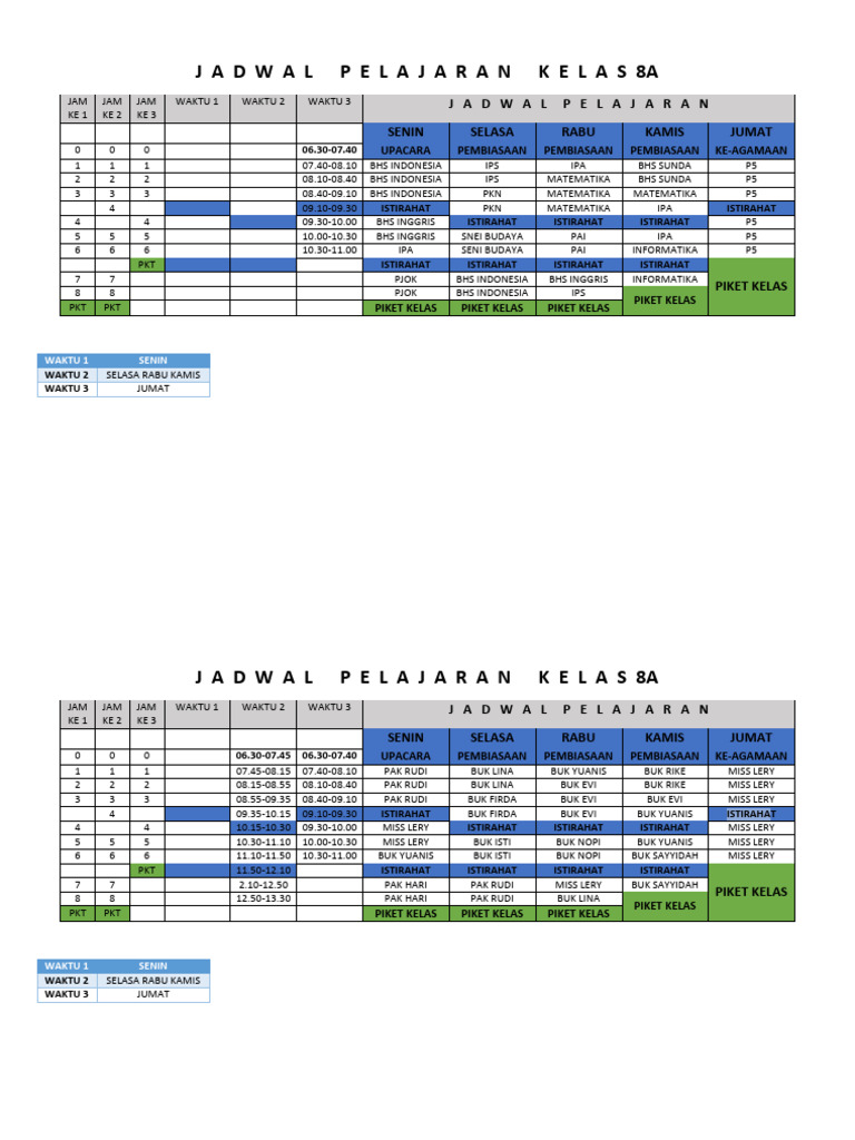 Jadwal Pelajaran Kelas 8A Mingguan | PDF