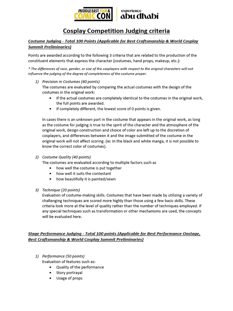 Cosplay Competition Judging Criteria | PDF | Cosplay | Costume