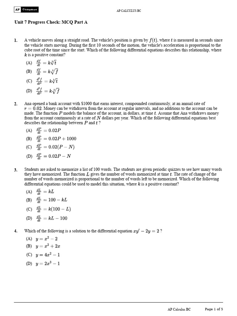 Unit7 ProgressCheck MCQ PartA | PDF | Differential Equations | Mathematics