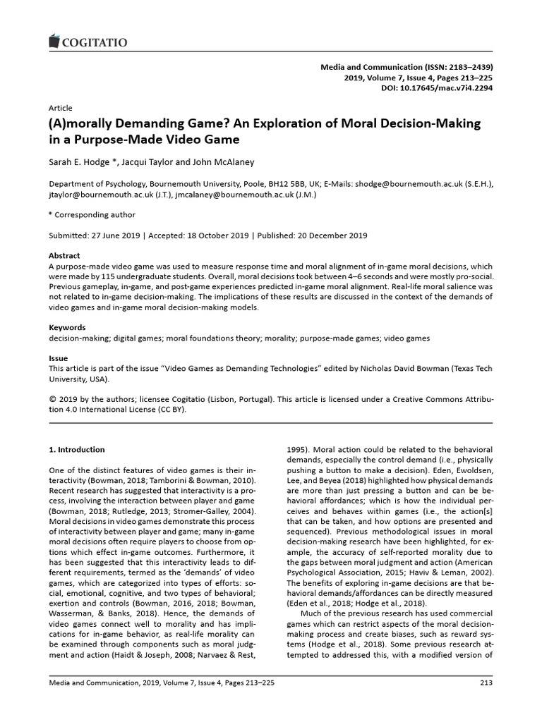 Moral Decision-Making in Video Games | PDF | Morality | Decision Making