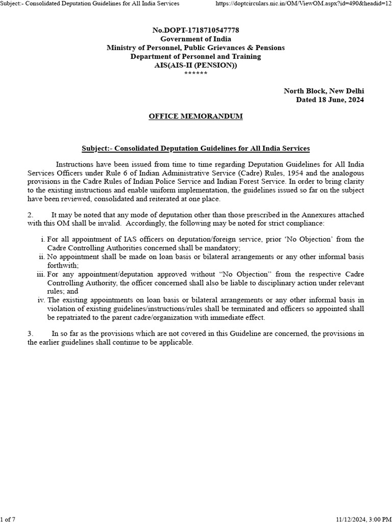 Consolidated Deputation Guidelines For All India Services | PDF ...