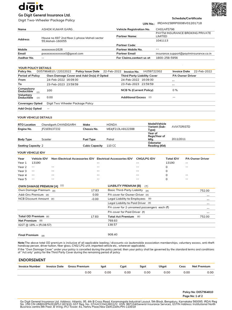 Digit Two-Wheeler Package Policy: Go Digit General Insurance LTD | PDF | Insurance | Driver's ...