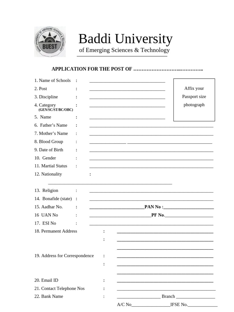 Baddi University Recruitment Application Form | PDF