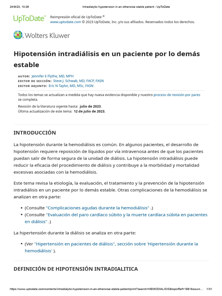 Hipotensión Intradiálisis | PDF | Hemodiálisis | Presión sanguínea