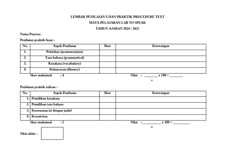 LEMBAR PENILAIAN UJIAN PRAKTIK PROCEDURE TEXT KLS 12 | PDF