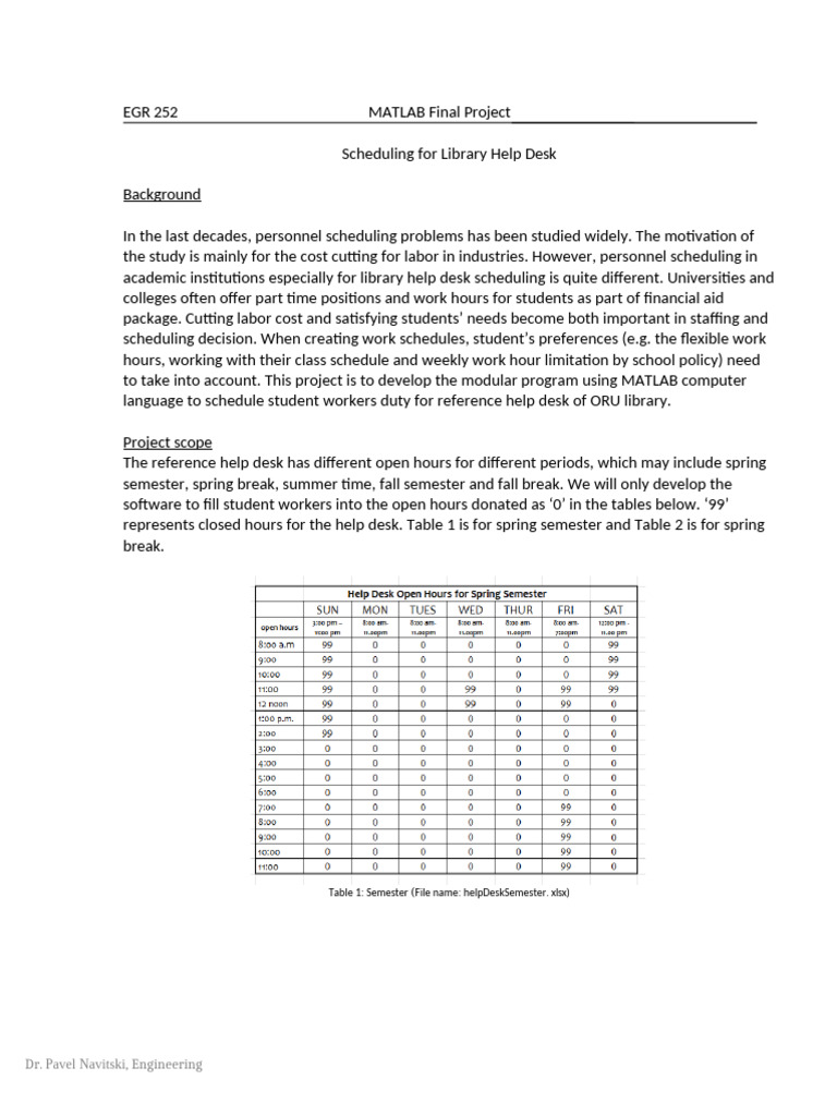 EGR 252 - Matlab Programming Project Instructions (KPA) | PDF