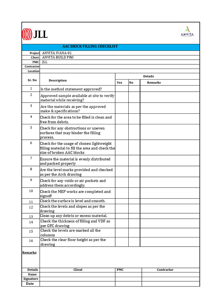 AAC Brick Filling Quality Checklist | PDF