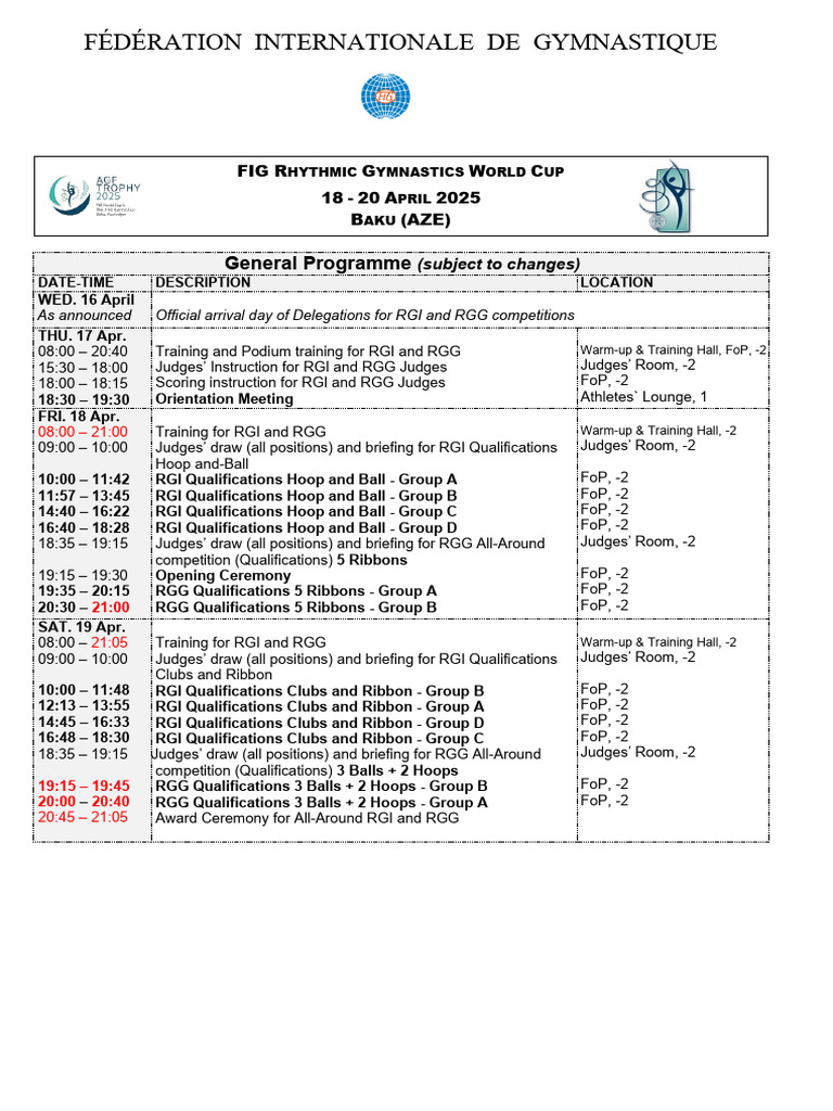 RGI Qualifications Schedule 2025 | PDF | Sports | Gymnastics