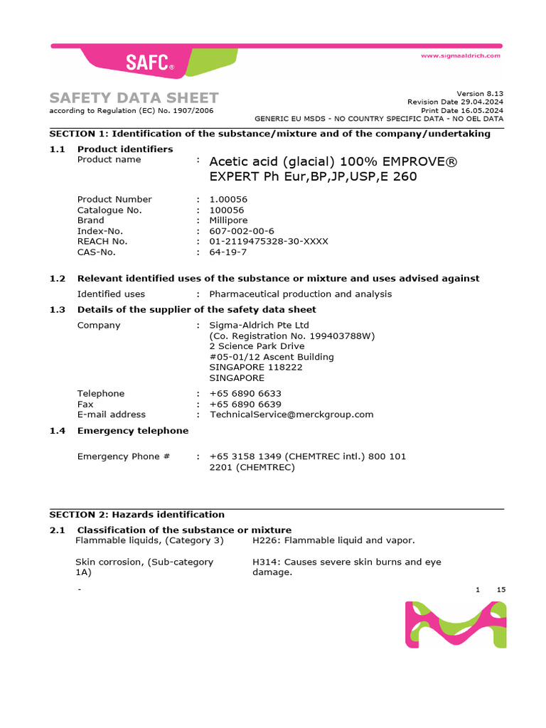 MSDS Acetic Acid Glacial 100056 ENG | PDF | Dangerous Goods | Occupational Safety And Health