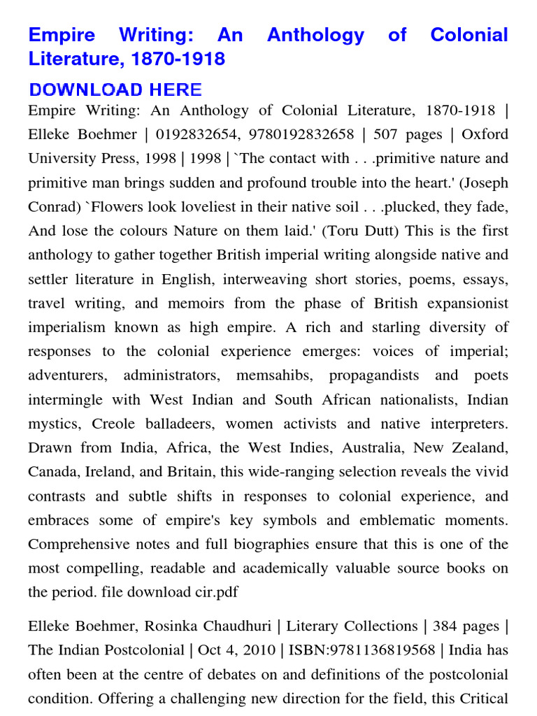 Colonial Literature Anthology 1870-1918 | PDF