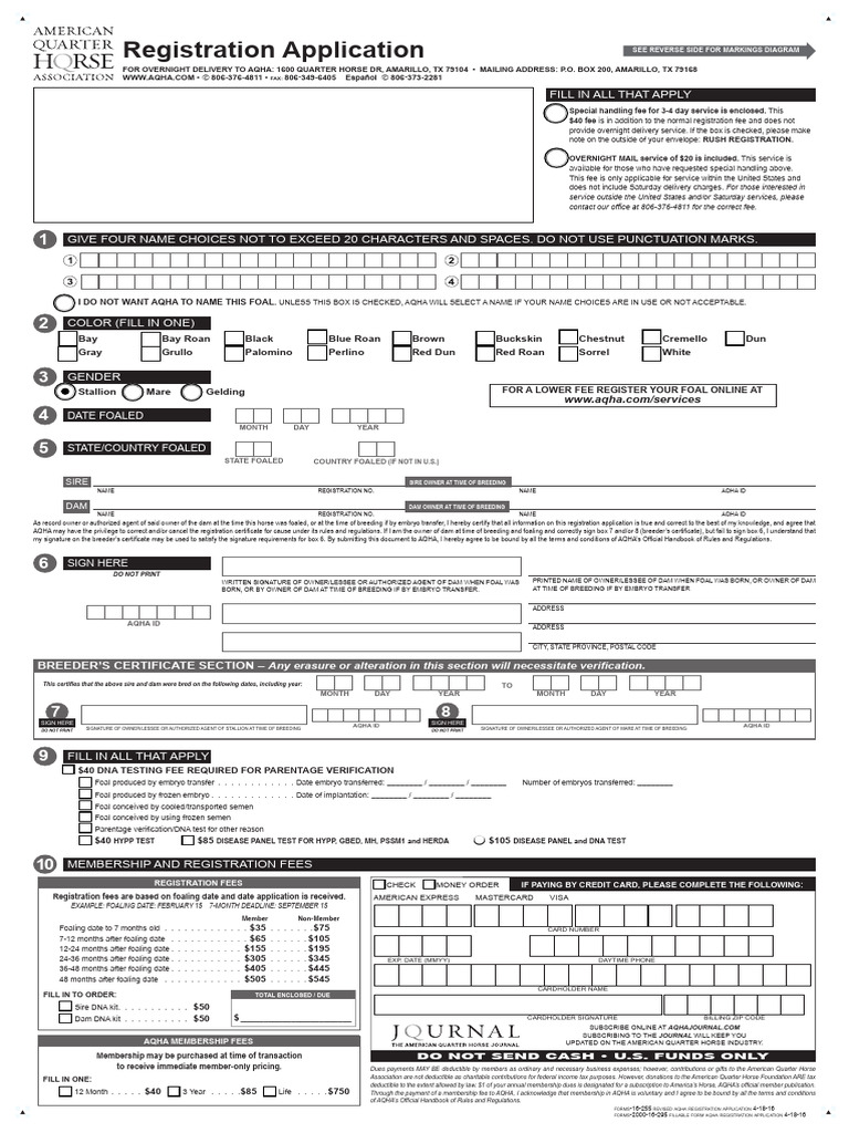 AQHA Foal Registration Application | PDF | Horse Breeding | Horse ...