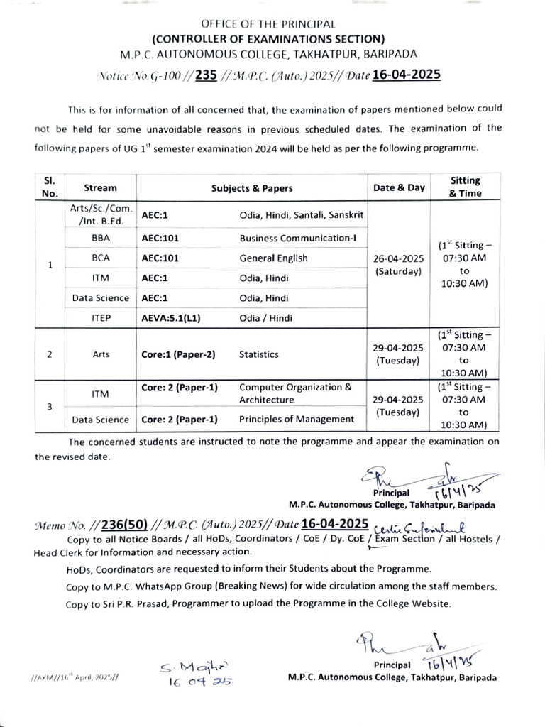 Revised Programme For UG 1st Semester Examination On 26-04-2024 | PDF